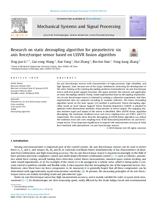 (PDF) Research on static decoupling algorithm for piezoelectric six axis force/torque sensor ...
