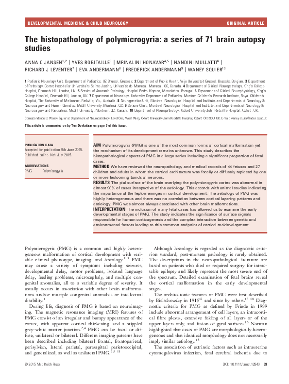 (PDF) The histopathology of polymicrogyria: a series of 71 brain ...