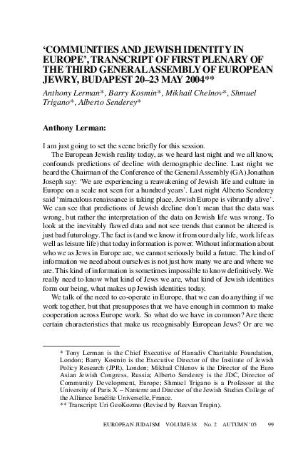 (PDF) Communities and Jewish Identity in Europe', Transcript of First ...