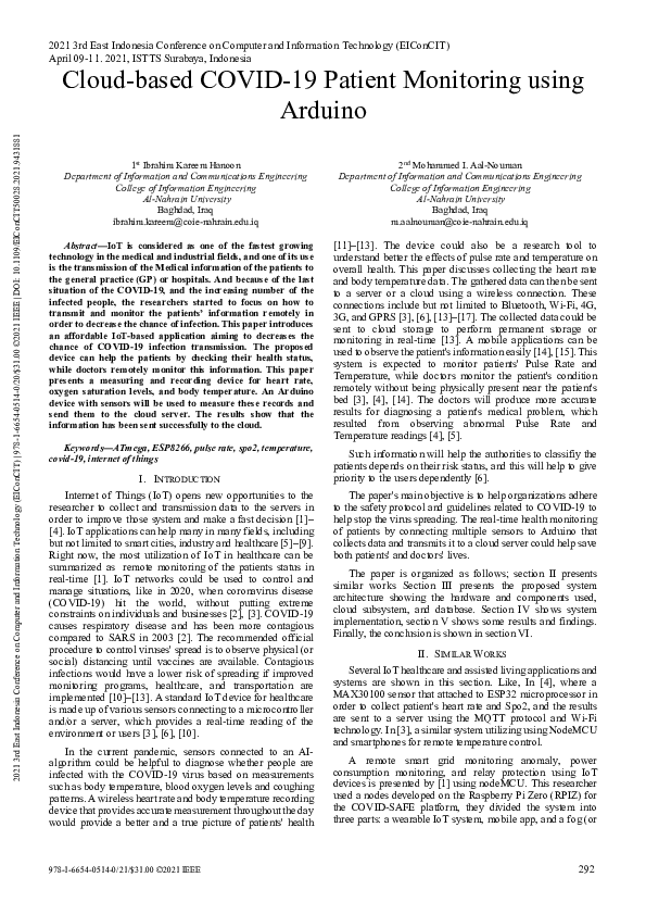 (PDF) Cloud-based COVID-19 Patient Monitoring using Arduino