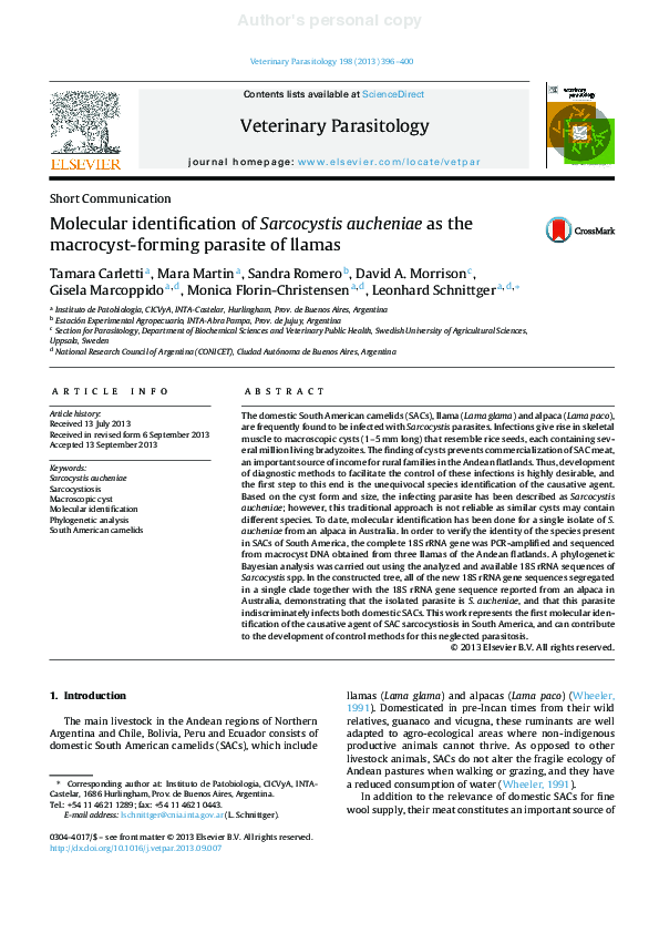 (PDF) Molecular identification of Sarcocystis aucheniae as the ...