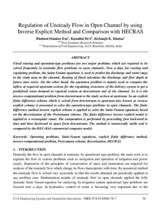 (PDF) Regulation of Unsteady Flow in Open Channel by using Inverse Explicit Method and ...