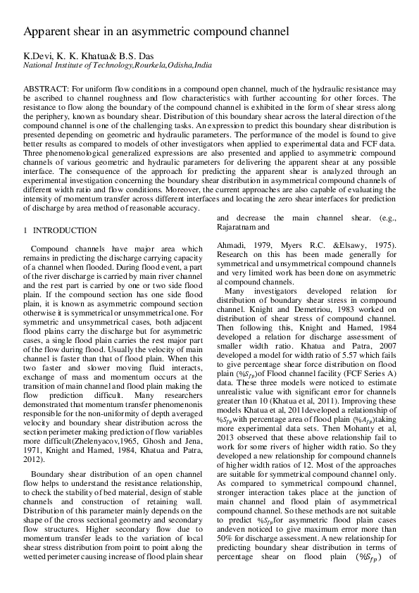 (PDF) Apparent shear in an asymmetric compound channel