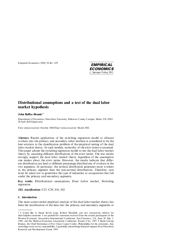 (PDF) Distributional assumptions and a test of the dual labor market ...