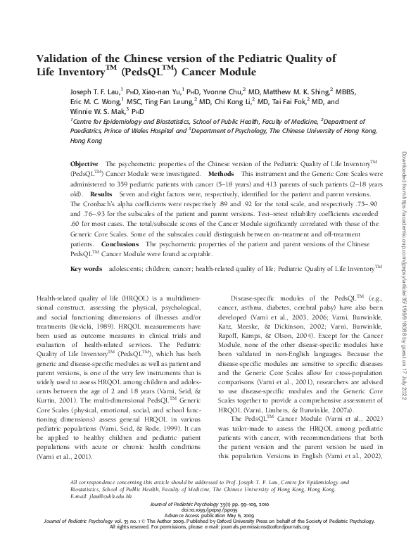 (PDF) Validation of the Chinese version of the Pediatric Quality of ...