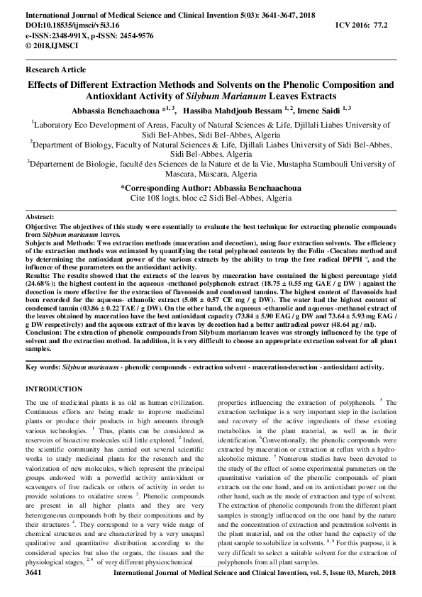 (PDF) Effects of Different Extraction Methods and Solvents on the Phenolic Composition and ...