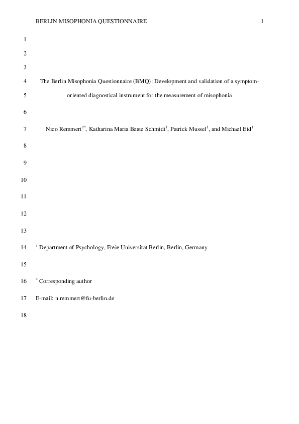 (PDF) The Berlin Misophonia Questionnaire (BMQ): Development and ...