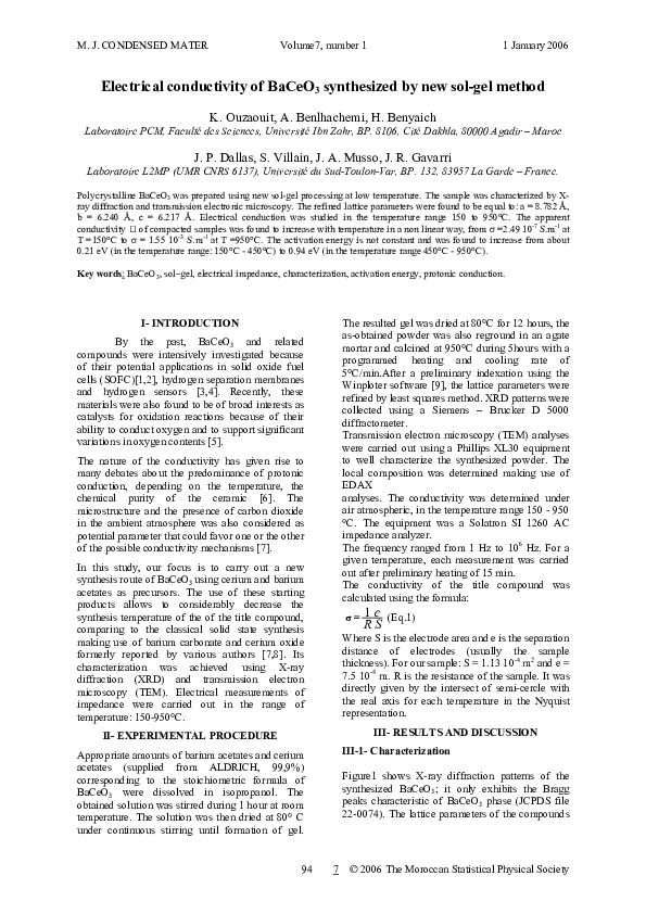 (PDF) Electrical conductivity of BaCeO 3 synthesized by new sol-gel method