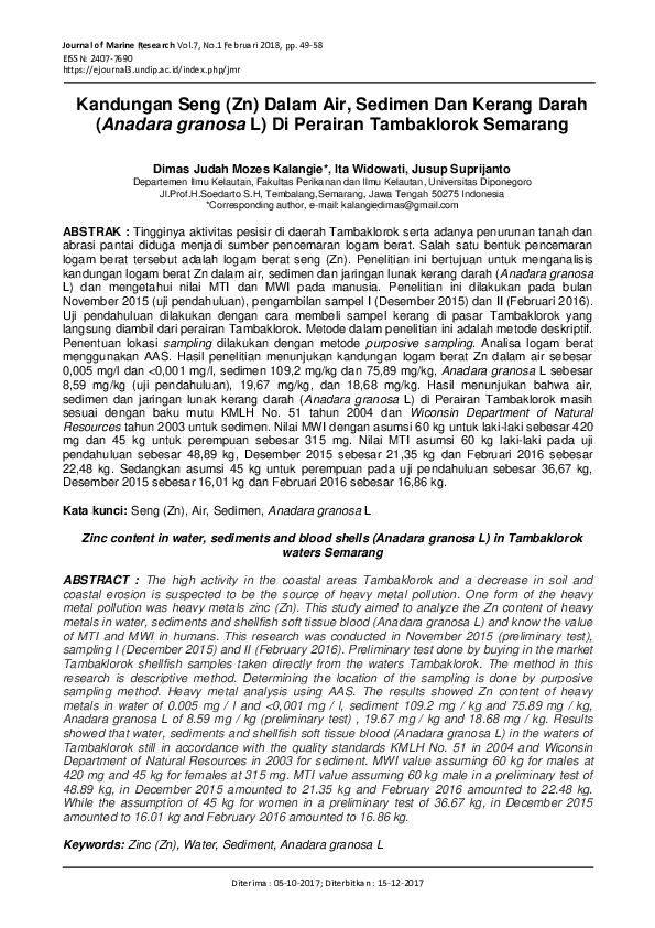 (PDF) Kandungan Seng (Zn) Dalam Air, Sedimen Dan Kerang Darah (Anadara granosa L) Di Perairan ...