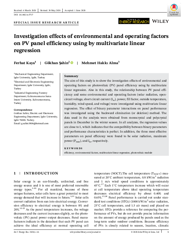 (PDF) Investigation effects of environmental and operating factors on PV panel efficiency using ...
