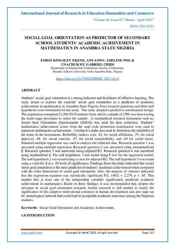 (PDF) Social Goal Orientation as Predictor of Secondary School Students’ Academic Achievement in ...
