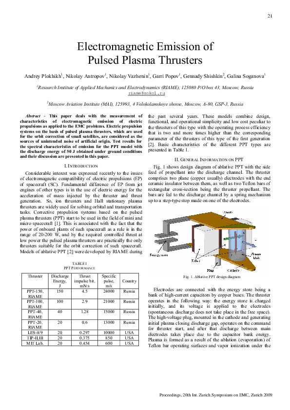 (PDF) Electromagnetic Emission of Pulsed Plasma Thrusters