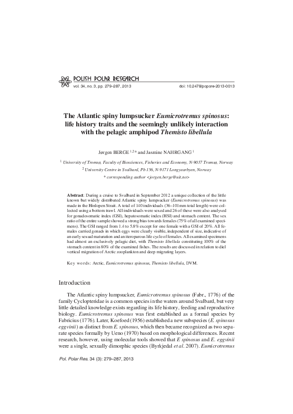 (PDF) The Atlantic spiny lumpsucker Eumicrotremus spinosus: life ...