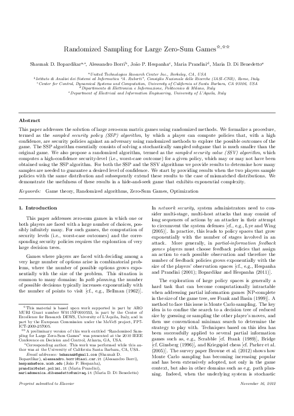 (PDF) Randomized sampling for large zero-sum games | Maria Prandini - Academia.edu