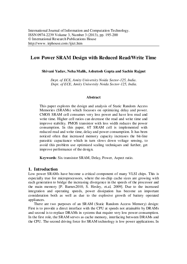 (PDF) Low Power SRAM Design with Reduced Read/Write Time