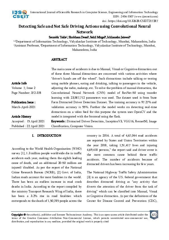Pdf Detecting Safe And Not Safe Driving Actions Using Convolutional Neural Network Shubham