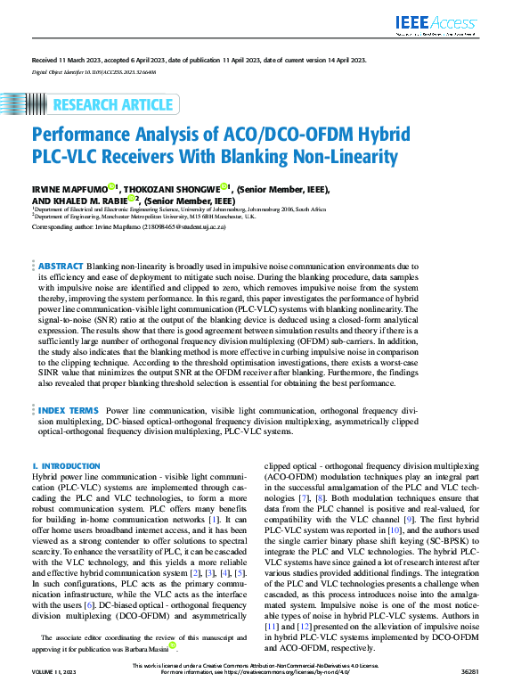 (PDF) Performance Analysis of ACO/DCO-OFDM Hybrid PLC-VLC Receivers With Blanking Non-Linearity
