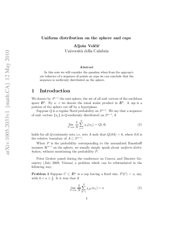 (PDF) Uniform distribution on the sphere and caps