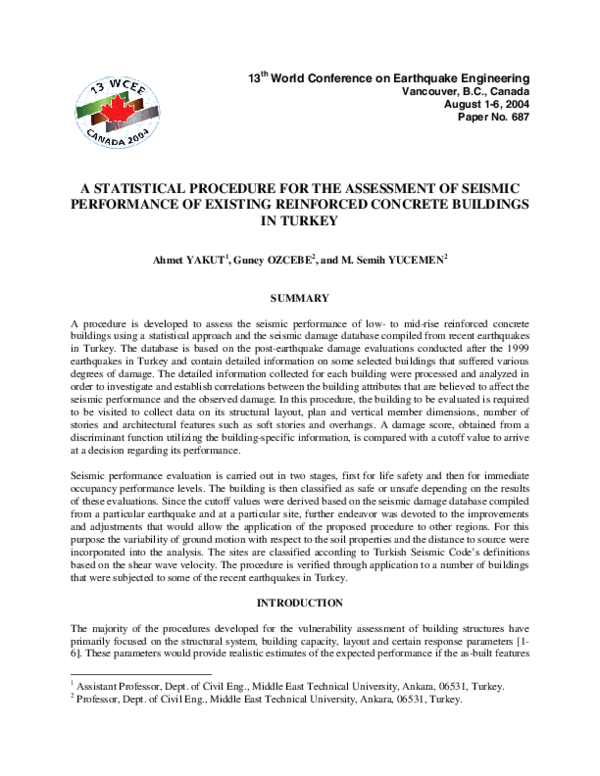 Pdf A Statistical Procedure For The Assessment Of Seismic Performance Of Existing Reinforced