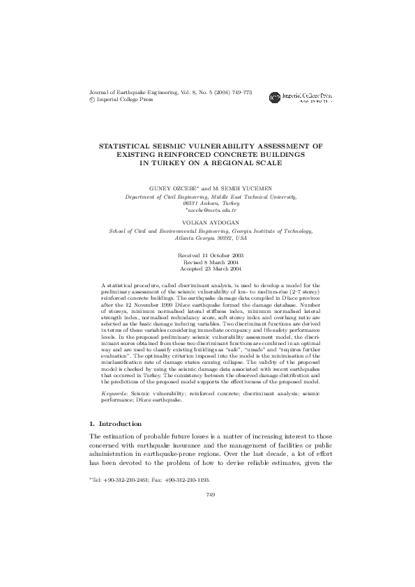 Pdf Statistical Seismic Vulnerability Assessment Of Existing Reinforced Concrete Buildings In