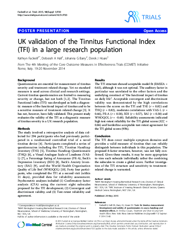 (PDF) UK validation of the Tinnitus Functional Index (TFI) in a large ...