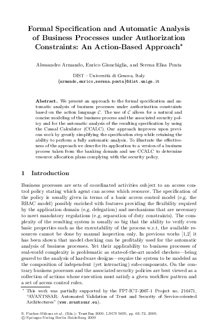 Pdf Formal Specification And Automatic Analysis Of Business Processes Under Authorization