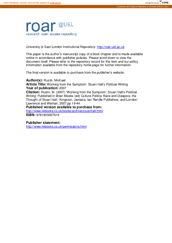 (PDF) Working from the Symptom': Stuart Hall's Political Writing ...