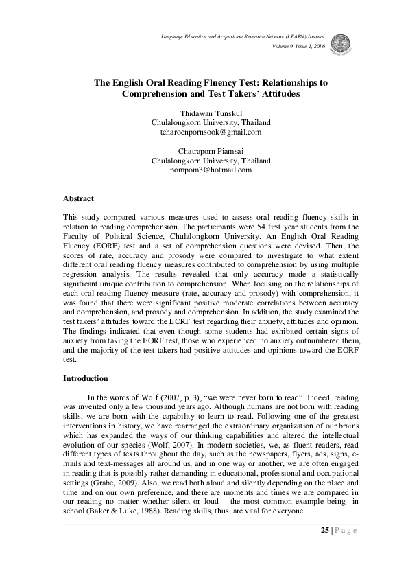 (PDF) The English Oral Reading Fluency Test: Relationships to ...