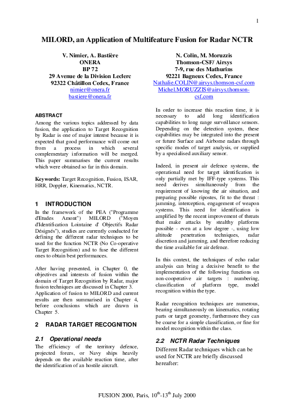 (PDF) MILORD, an application of multifeature fusion for radar NCTR