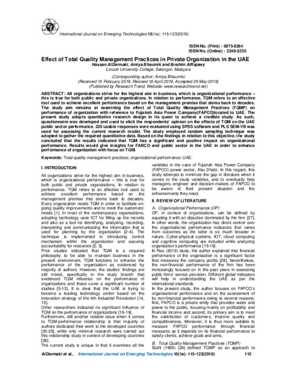 (PDF) Effect of Total Quality Management Practices in Private Organization in the UAE