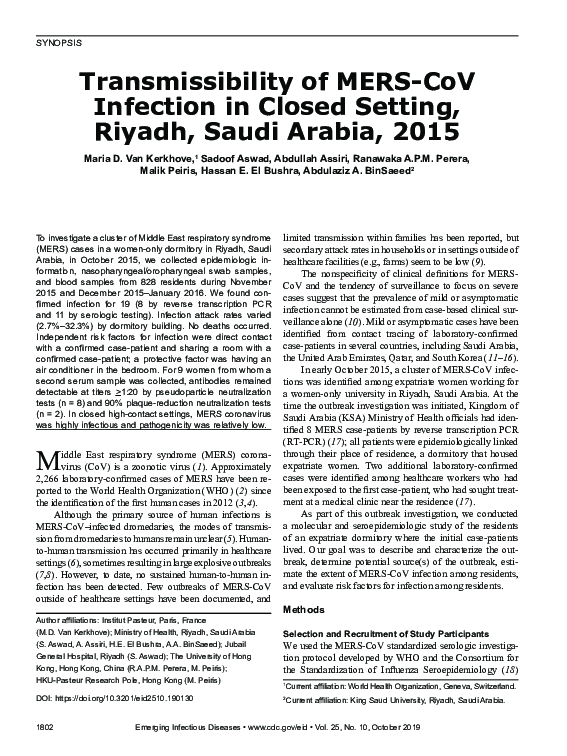 (PDF) Transmissibility of MERS-CoV Infection in Closed Setting, Riyadh, Saudi Arabia, 2015