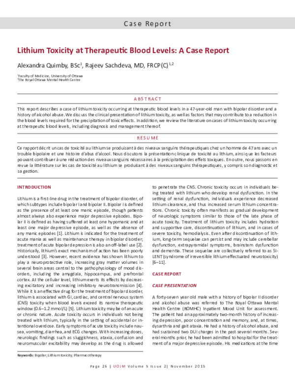 (PDF) Lithium Toxicity at Therapeutic Blood Levels: A Case Report