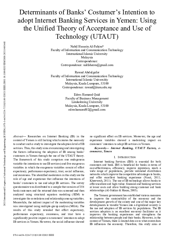 (PDF) Determinants of Banks’ Costumer’s Intention to adopt Internet Banking Services in Yemen ...