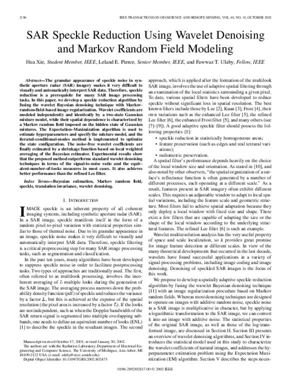 (PDF) SAR speckle reduction using wavelet denoising and Markov random field modeling