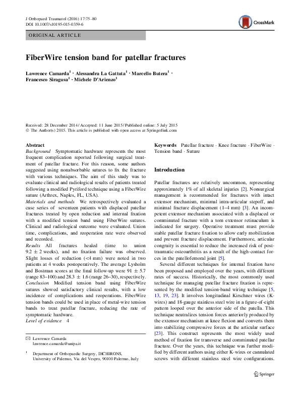 (PDF) FiberWire tension band for patellar fractures | Marcello Butera ...