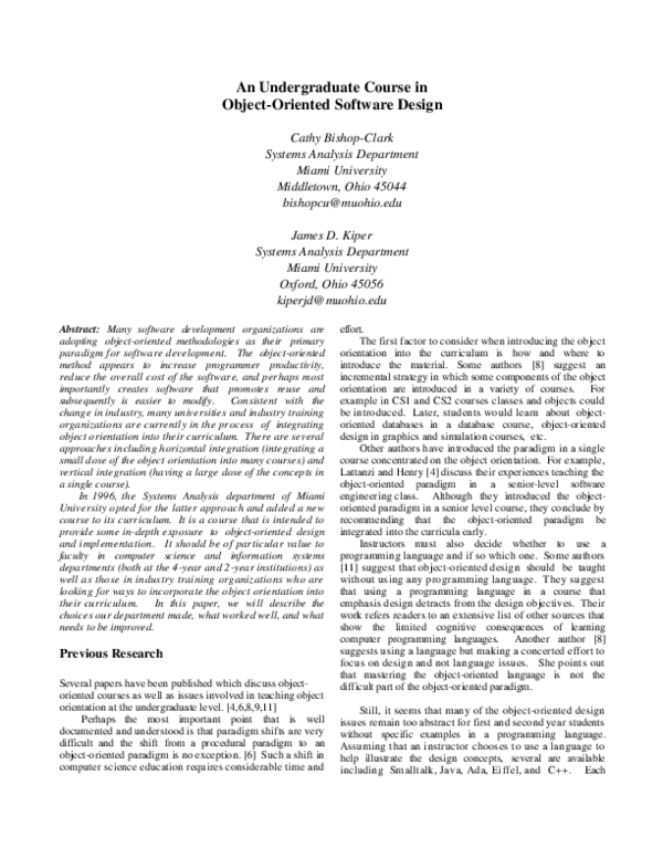 Pdf An Undergraduate Course In Object Oriented Software Design