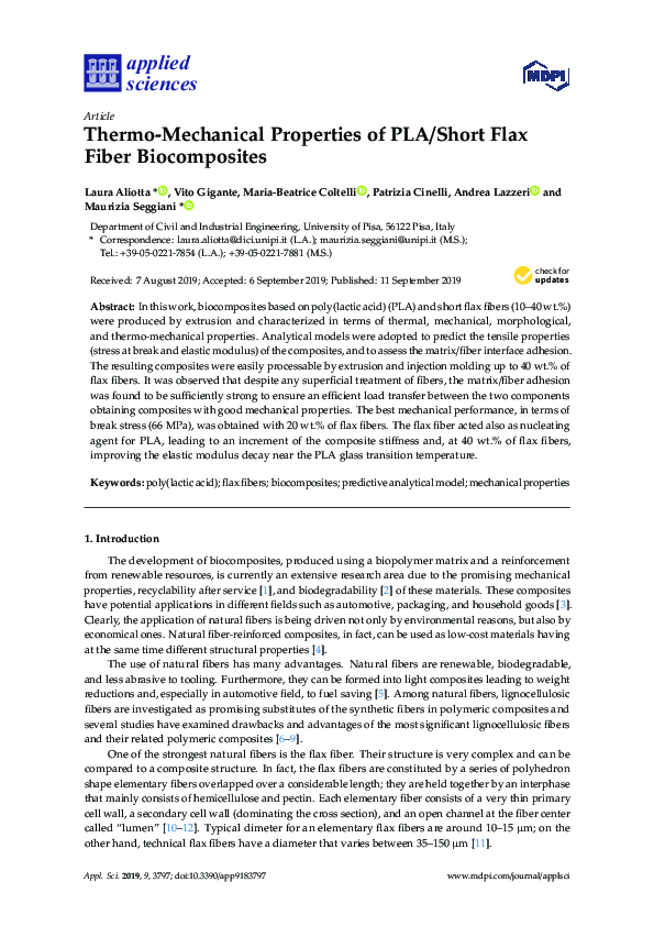 (PDF) Thermo-Mechanical Properties of PLA/Short Flax Fiber Biocomposites