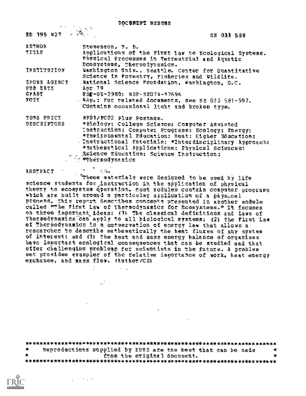 (PDF) Applications of the First Law to Ecological Systems. Physical ...