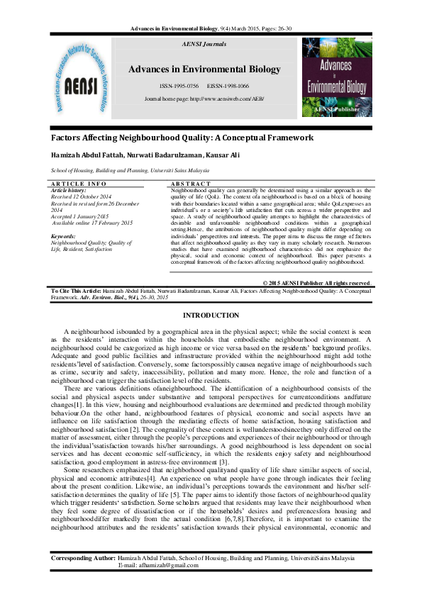(PDF) Factors affecting neighbourhood quality: a conceptual framework (PDF) Factors affecting neighbourhood quality: a conceptual framework