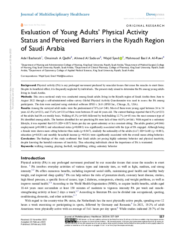 (PDF) Evaluation of Young Adults’ Physical Activity Status and Perceived Barriers in the Riyadh ...