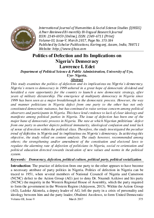 (PDF) Politics of Defection and its Implications on Nigeria’s Democracy