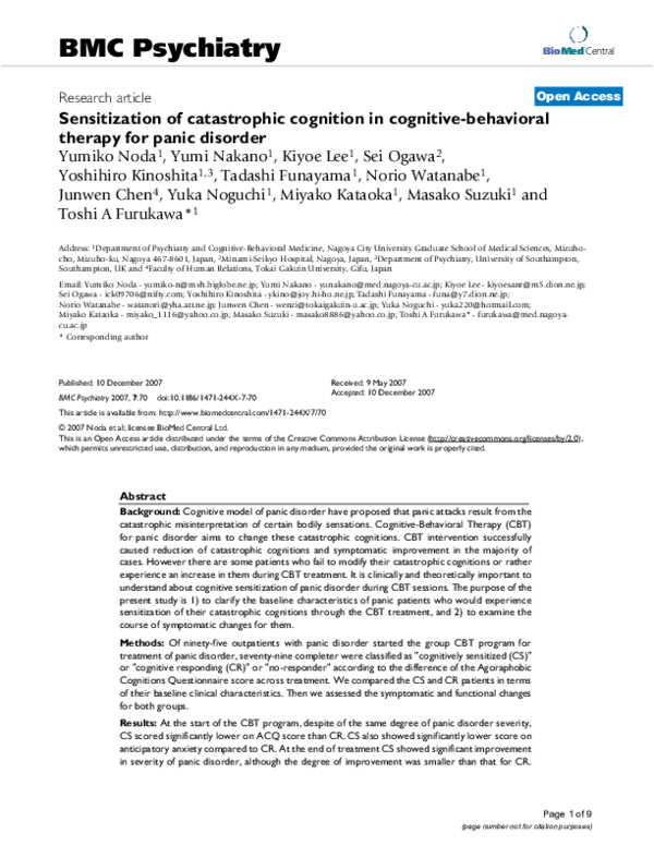 (PDF) Sensitization of catastrophic cognition in cognitive-behavioral therapy for panic disorder