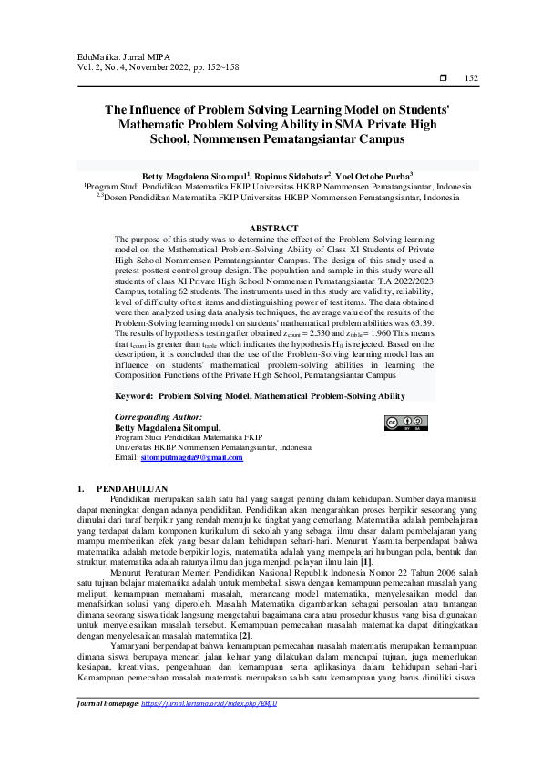 (PDF) The Influence of Problem Solving Learning Model on Students' Mathematic Problem Solving ...