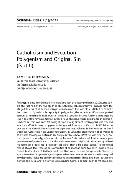 (PDF) Catholicism and Evolution: Polygenism and Original Sin (Part II)