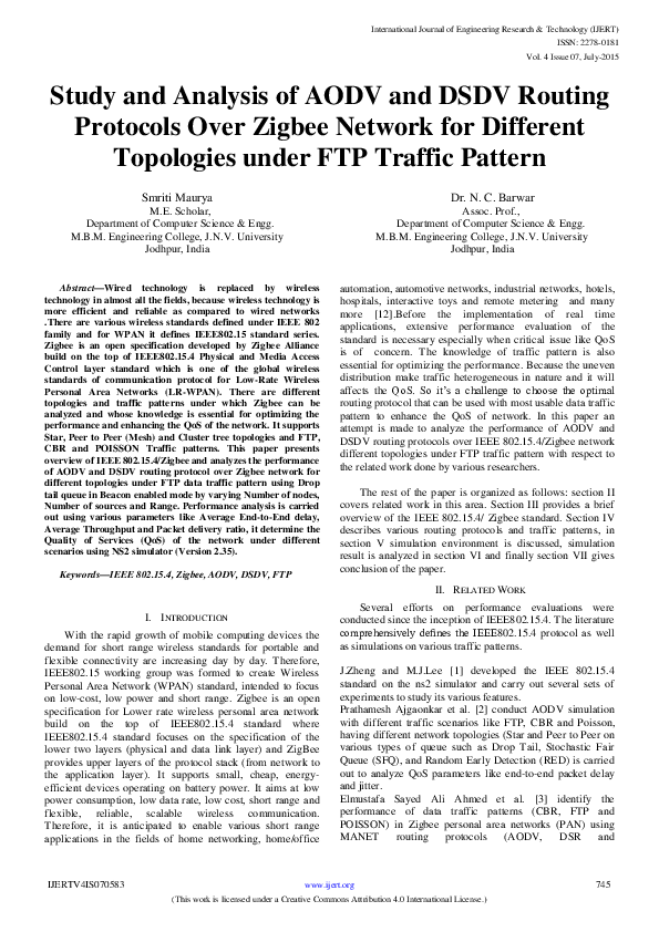 (PDF) Study and Analysis of AODV and DSDV Routing Protocols Over Zigbee Network for Different ...