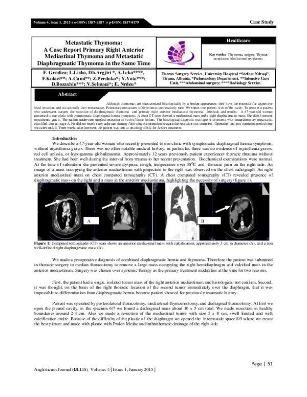(PDF) Metastatic Thymoma: A Case Report Primary Right Anterior Mediastinal Thymoma and ...