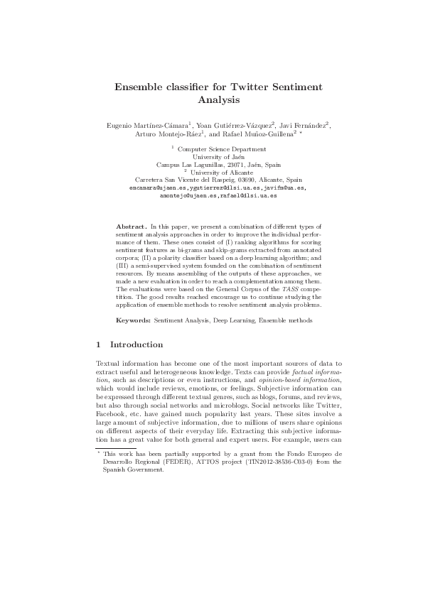 (PDF) Ensemble classifier for Twitter Sentiment Analysis