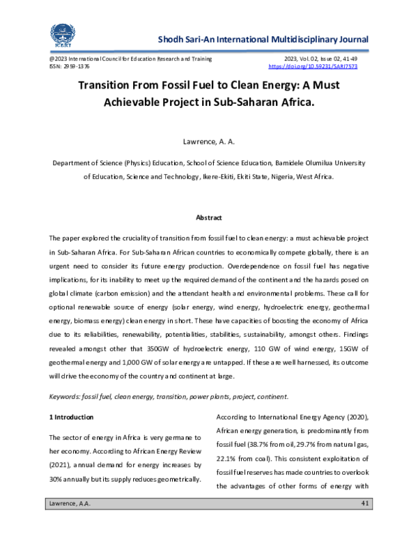 (PDF) Transition From Fossil Fuel to Clean Energy: A Must Achievable Project in Sub-Saharan Africa