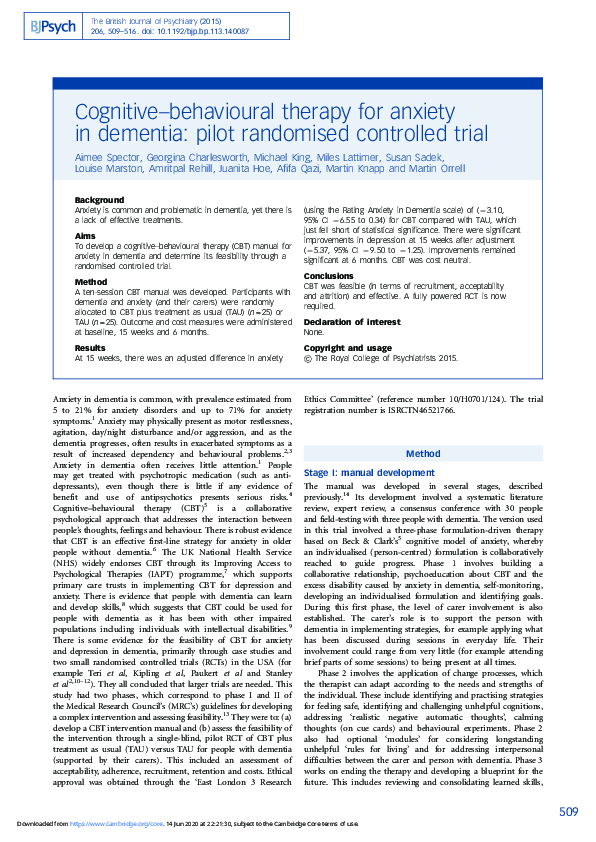 (PDF) Cognitive-behavioural therapy for anxiety in dementia: pilot randomised controlled trial ...