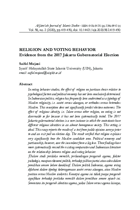 (PDF) Religion and Voting Behavior: Evidence from the 2017 Jakarta Gubernatorial Election